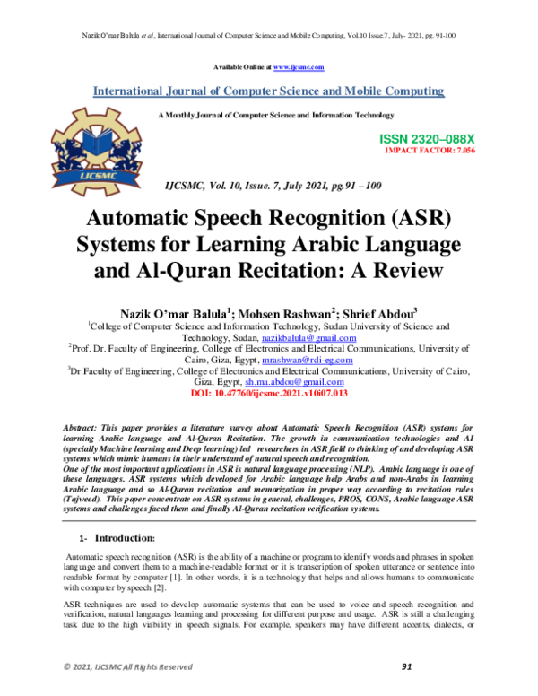 (PDF) Automatic Speech Recognition (ASR) Systems for Learning Arabic ...