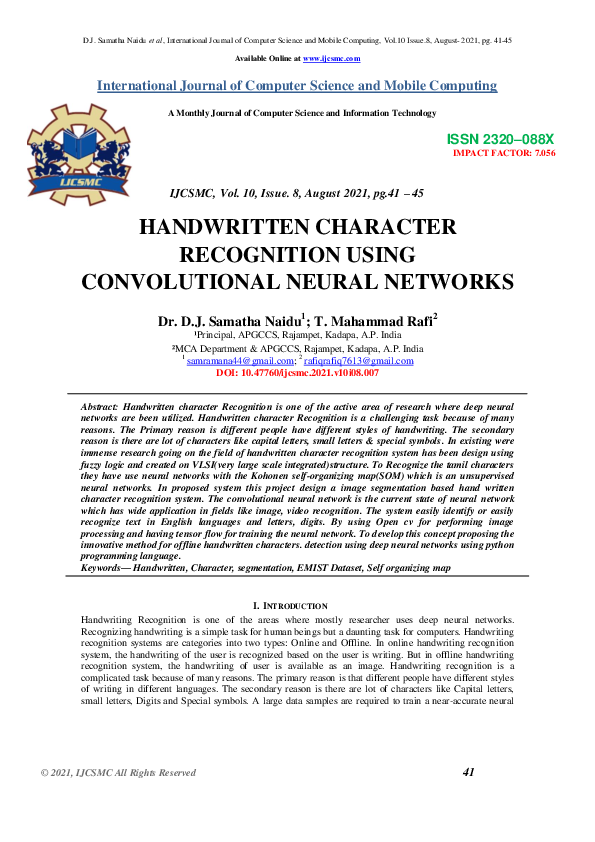 (PDF) HANDWRITTEN CHARACTER RECOGNITION USING CONVOLUTIONAL NEURAL ...
