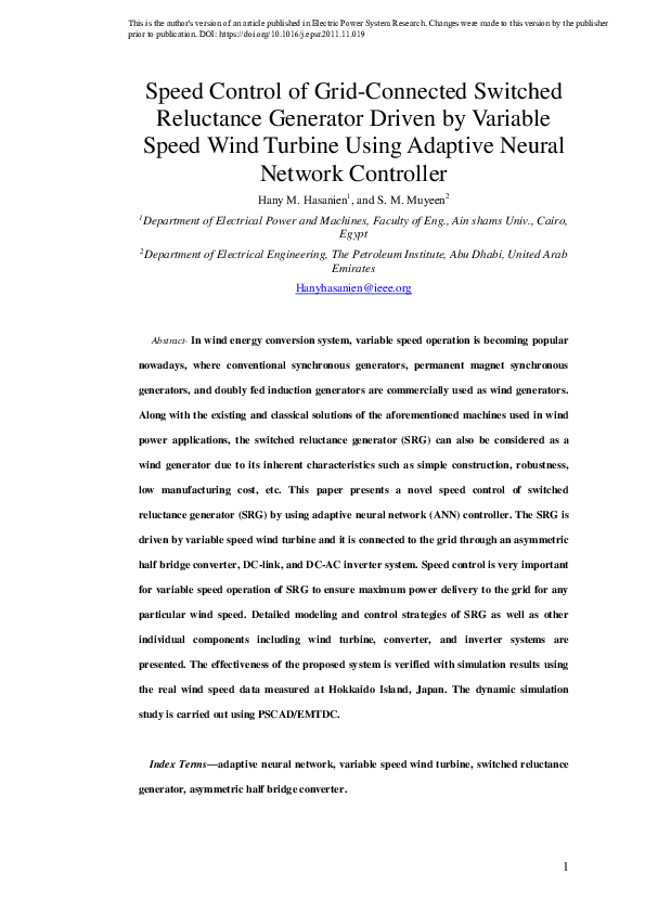 (PDF) Speed control of grid-connected switched reluctance generator driven by variable speed ...