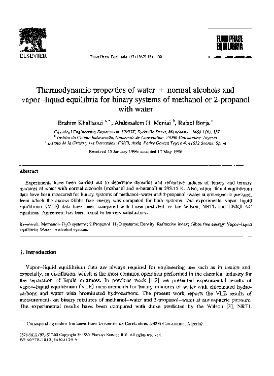 (PDF) Thermodynamic properties of water + normal alcohols and vapor-liquid equilibria for binary ...
