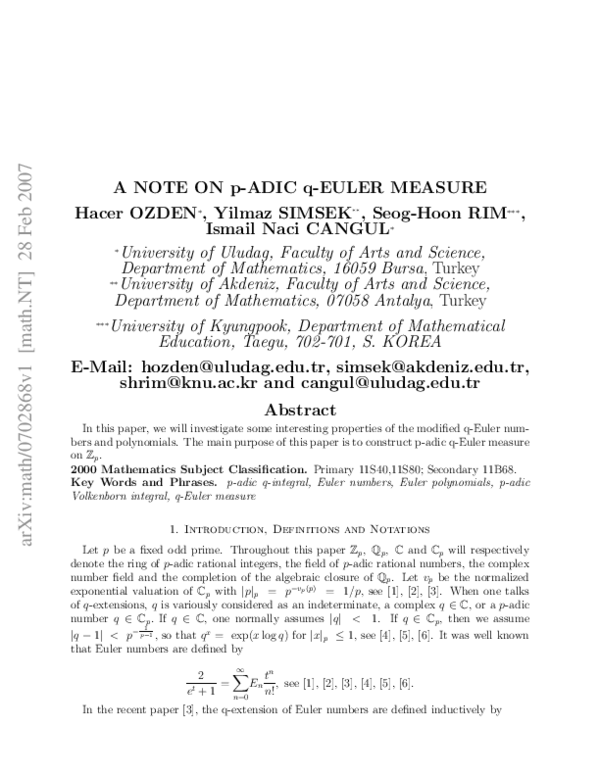 (PDF) A note on p-adic q-Euler measure