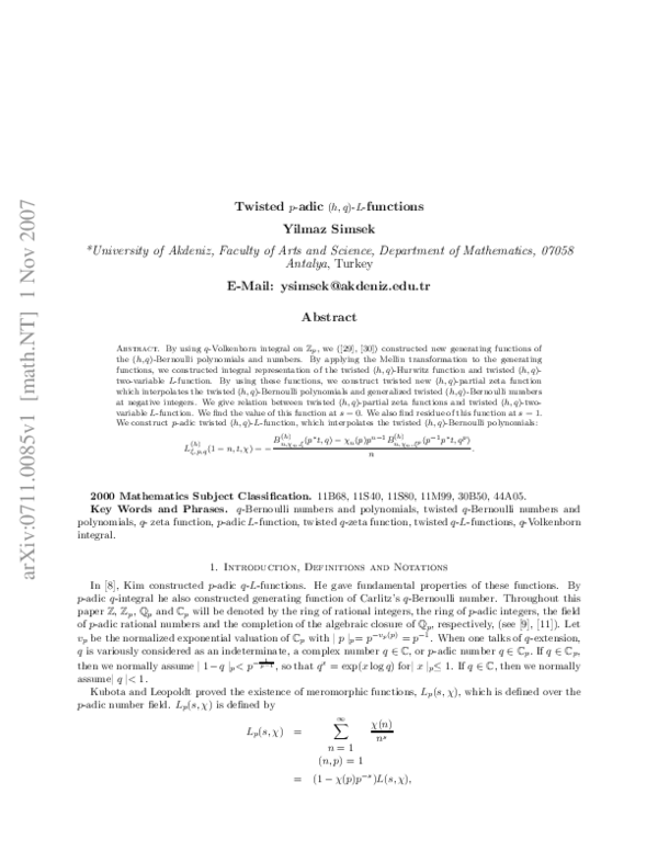 (PDF) Twisted -adic --functions