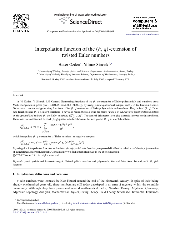 Pdf Interpolation Function Of The Extension Of Twisted Euler Numbers