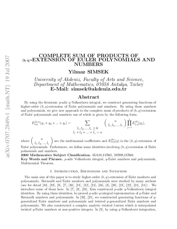 (PDF) Complete sum of products of ( h , q )-extension of Euler polynomials and numbers
