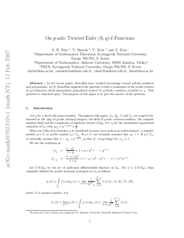 (PDF) On p-adic twisted Euler (h,q)-l-function