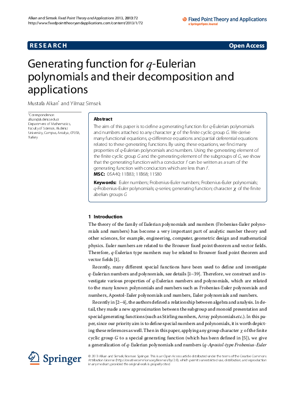 Pdf Generating Function For Q Eulerian Polynomials And Their Decomposition And Applications
