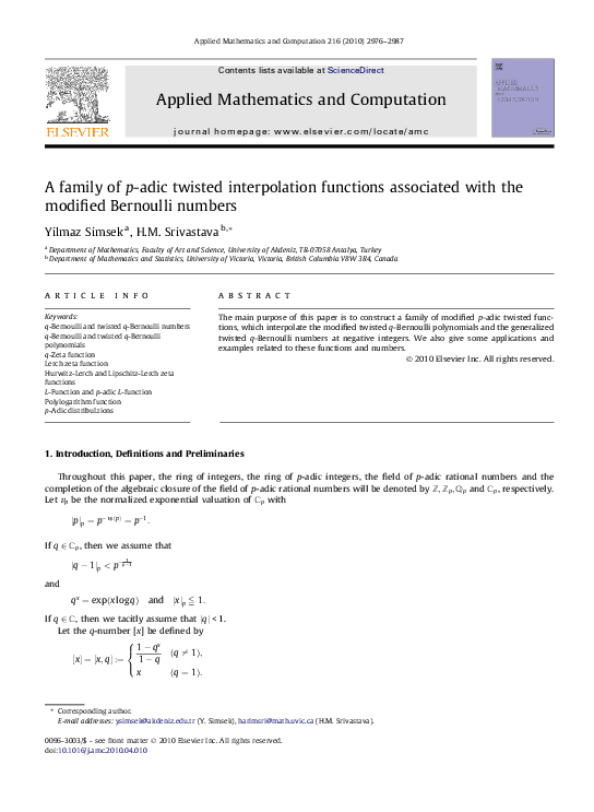 (PDF) A family of p-adic twisted interpolation functions associated with the modified Bernoulli ...