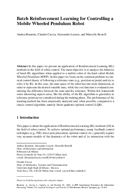 (PDF) Batch Reinforcement Learning for Controlling a Mobile Wheeled Pendulum Robot