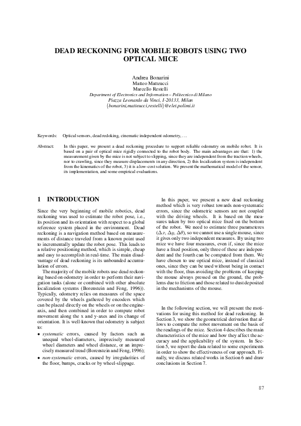 (PDF) Dead Reckoning for Mobile Robots Using Two Optical Mice