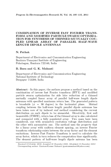 Pdf Combination Of Inverse Fast Fourier Transform And Modified Particle Swarm Optimization For