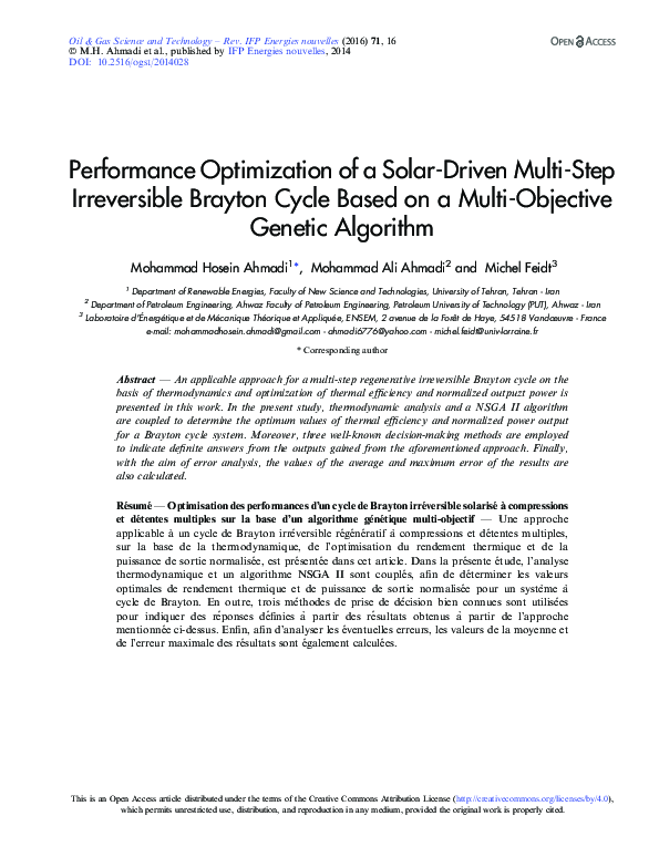 Pdf Performance Optimization Of A Solar Driven Multi Step Irreversible Brayton Cycle Based On