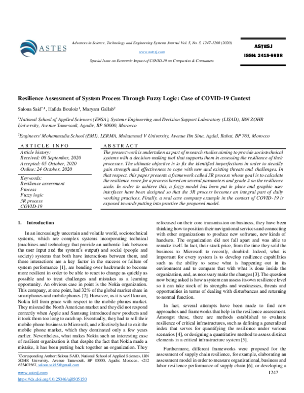 (PDF) Resilience Assessment of System Process Through Fuzzy Logic: Case of COVID-19 Context ...