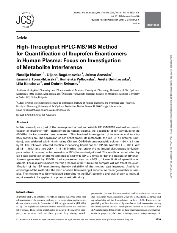 (PDF) High-Throughput HPLC-MS/MS Method for Quantification of Ibuprofen Enantiomers in Human ...