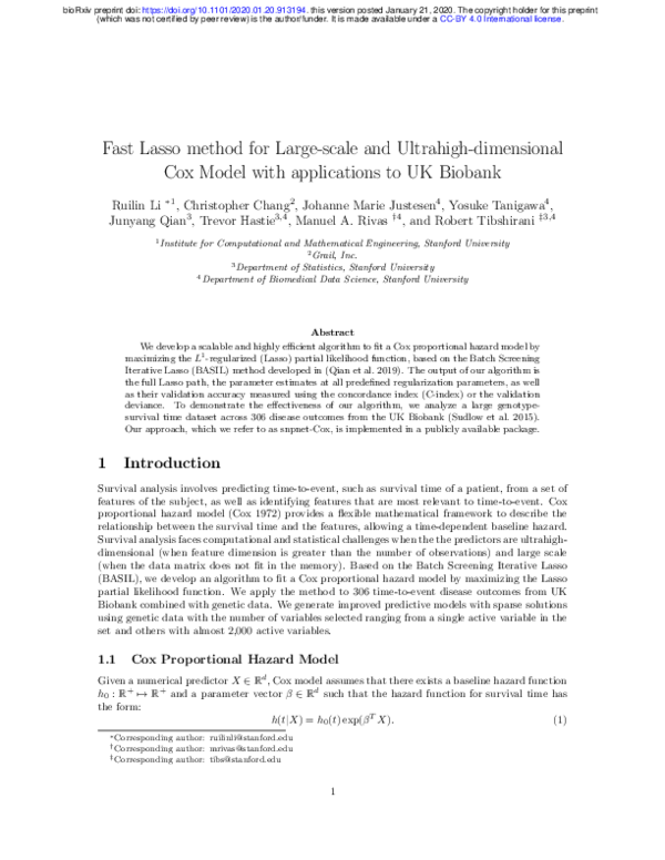 (PDF) Fast Lasso method for Large-scale and Ultrahigh-dimensional Cox Model with applications to ...