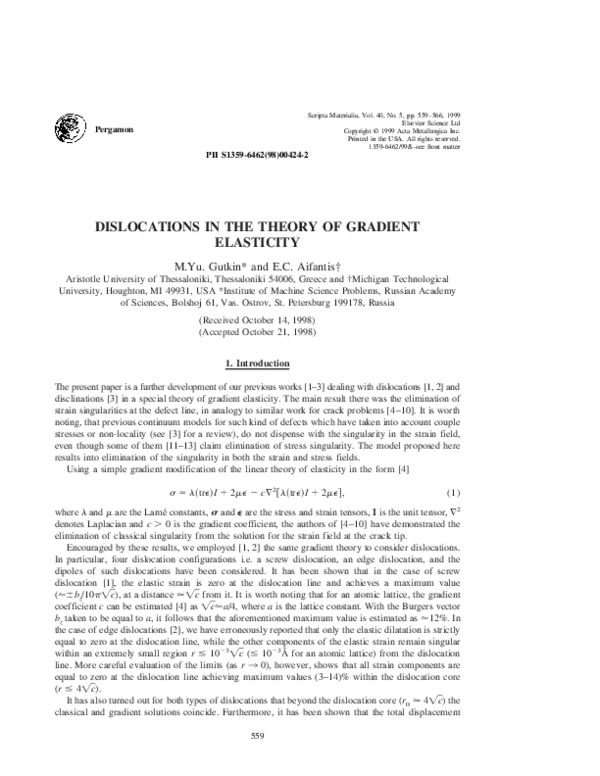 (PDF) Dislocations in the theory of gradient elasticity