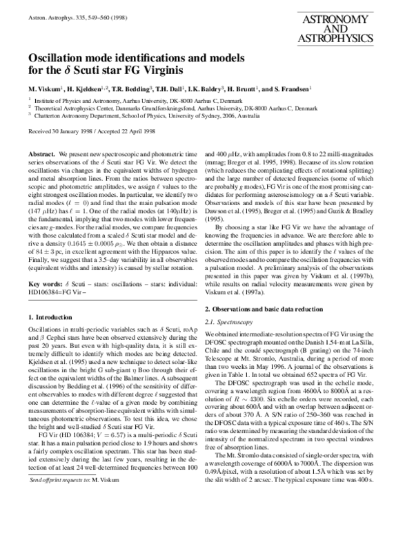 (PDF) Oscillation mode identifications and models for the delta Scuti star FG Virginis