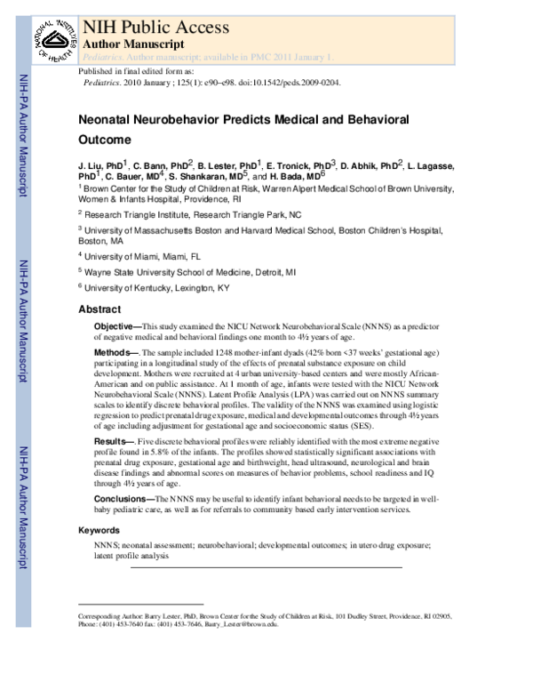 (PDF) Neonatal Neurobehavior Predicts Medical and Behavioral Outcome