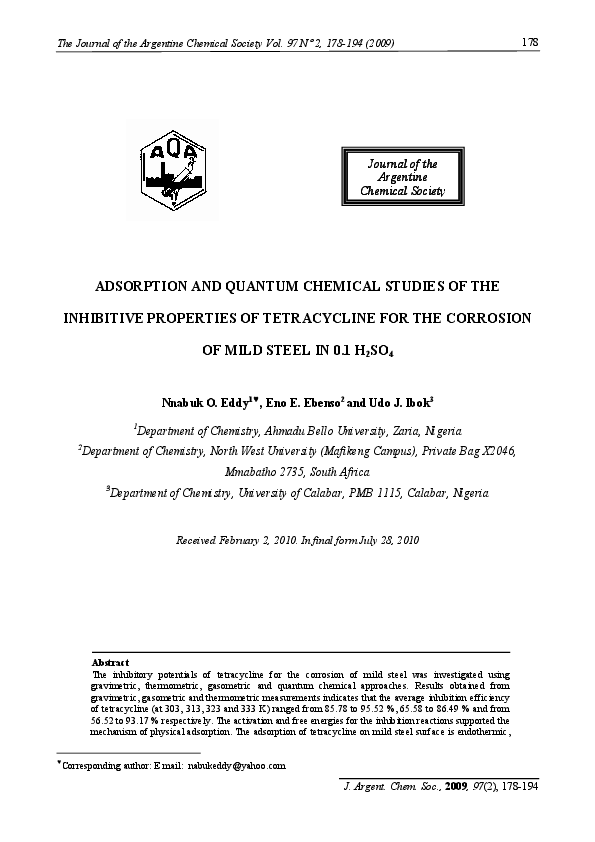 (PDF) ADSORPTION AND QUANTUM CHEMICAL STUDIES OF THE INHIBITIVE PROPERTIES OF TETRACYCLINE FOR ...