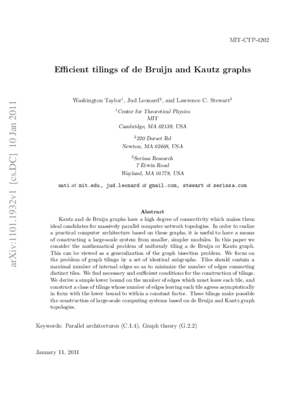 (PDF) Efficient tilings of de Bruijn and Kautz graphs | Lawrence ...