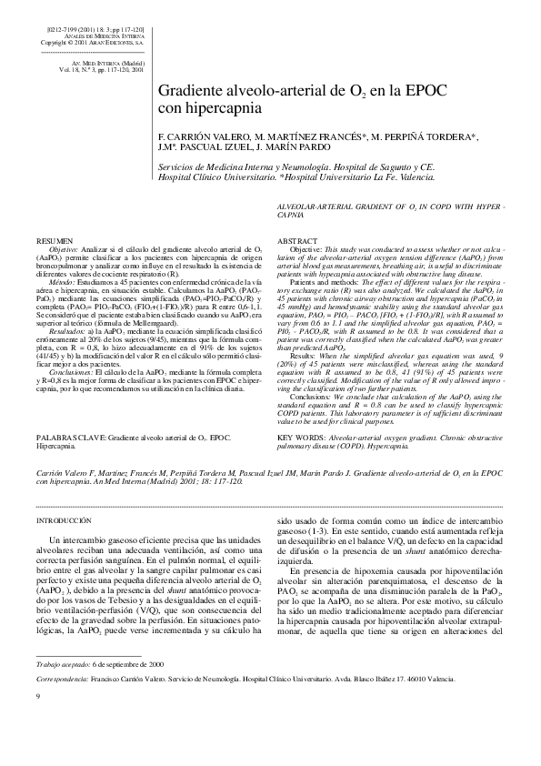 (PDF) Gradiente alveolo-arterial de O2 en la EPOC con hipercapnia