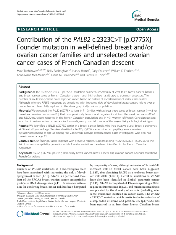 (PDF) Contribution of the PALB2 c.2323C>T [p.Q775X] Founder mutation in ...