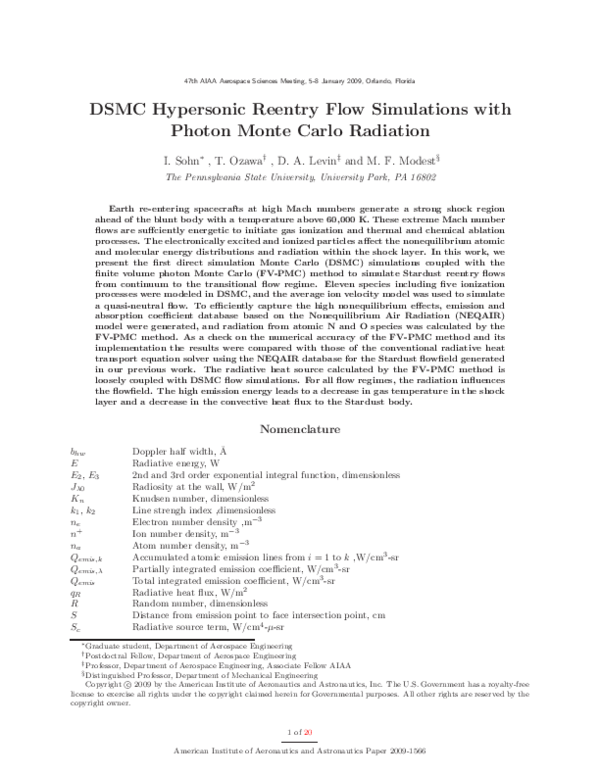 (PDF) DSMC Hypersonic Reentry Flow Simulations with Photon Monte Carlo Radiation