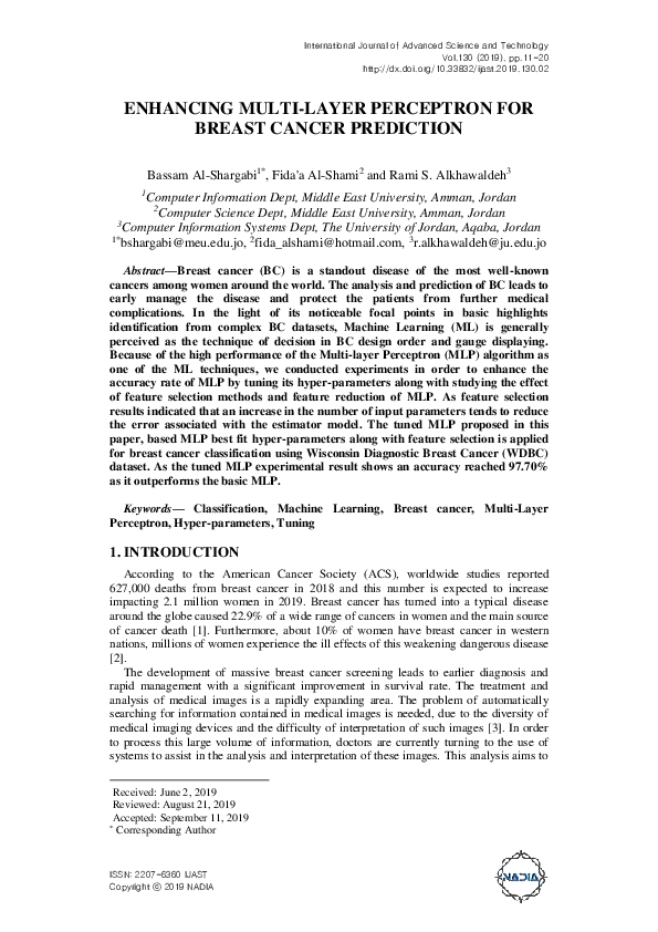 (PDF) Enhancing Multi-Layer Perceptron for Breast Cancer Prediction (PDF) Enhancing Multi-Layer Perceptron for Breast Cancer Prediction