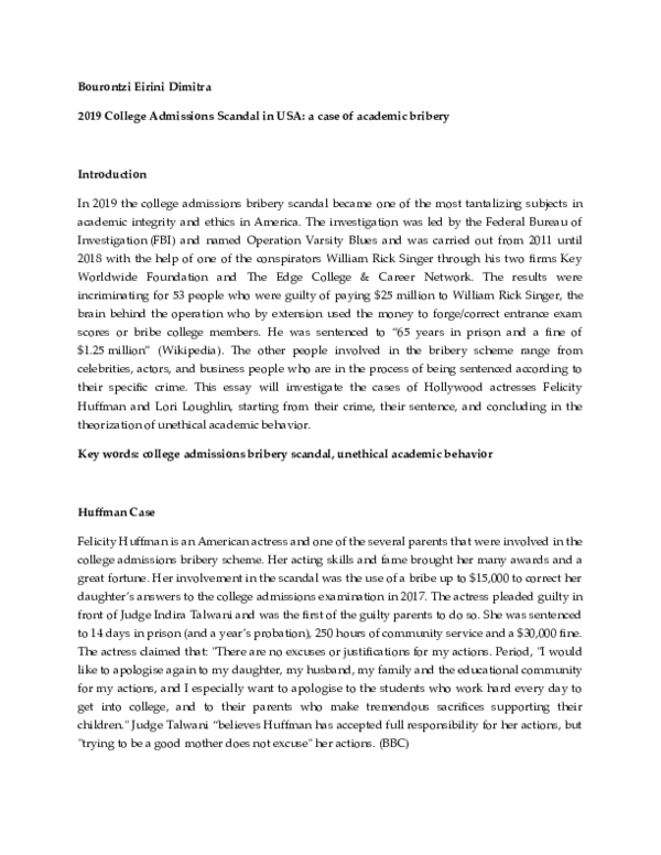(DOC) 2019 College Admissions Scandal in USA: a case of academic bribery