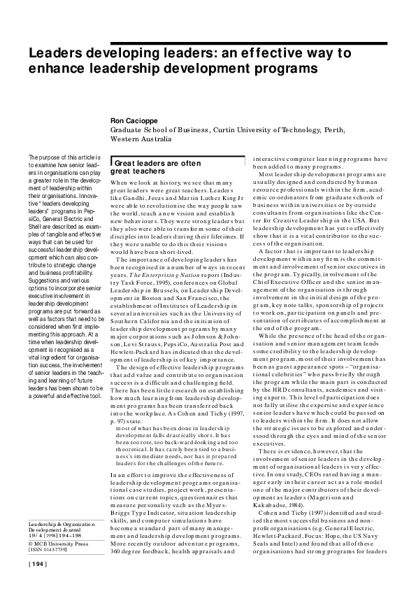 (PDF) Leaders developing leaders: an effective way to enhance ...