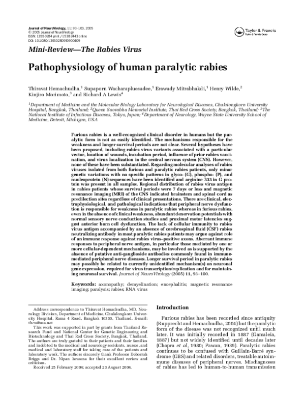 (PDF) Pathophysiology of human paralytic rabies