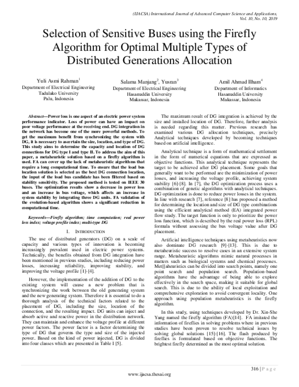 Pdf Selection Of Sensitive Buses Using The Firefly Algorithm For Optimal Multiple Types Of