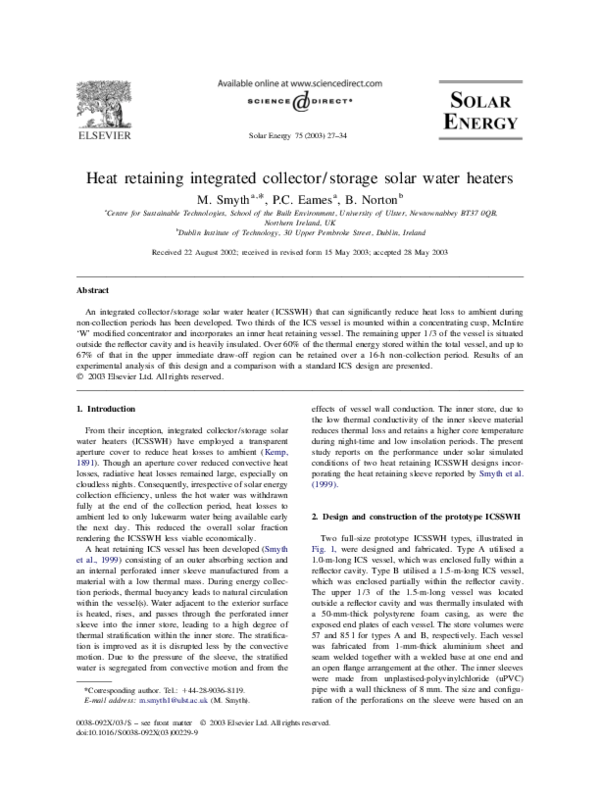 (PDF) Heat retaining integrated collector/storage solar water heaters