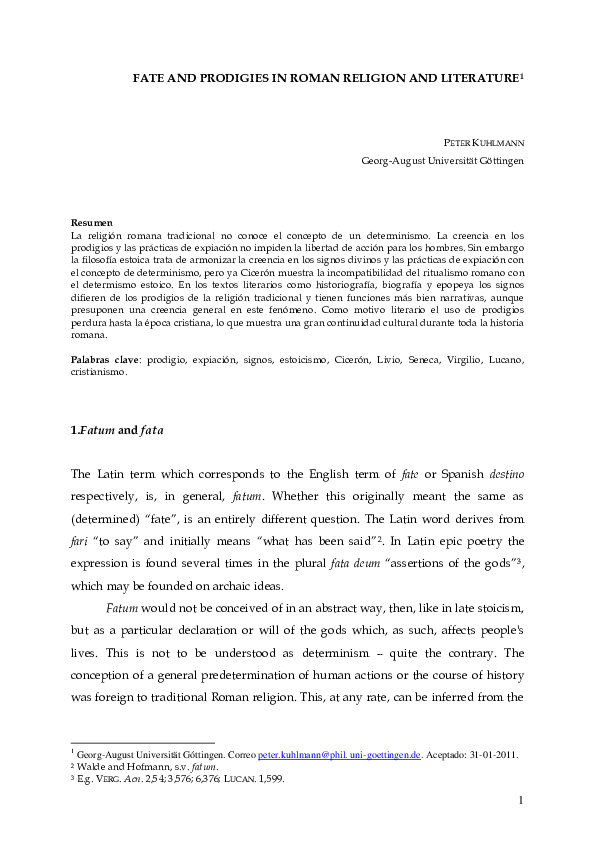 (PDF) Fate and prodigies in roman religion and literature