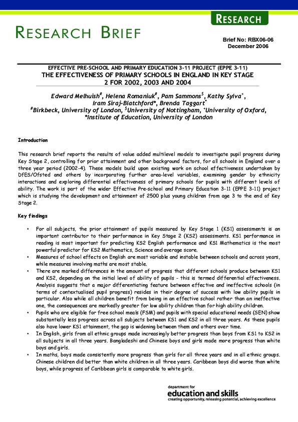 (PDF) Effective Pre-school and Primary Education 3-11 Project (EPPE 3 ...