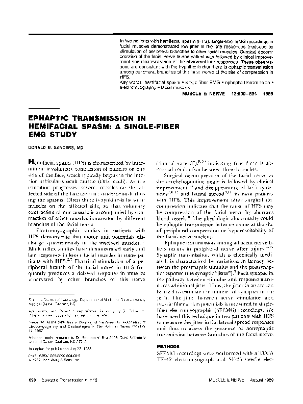 (PDF) Ephaptic transmission in hemifacial SPASM: A single-fiber EMG study