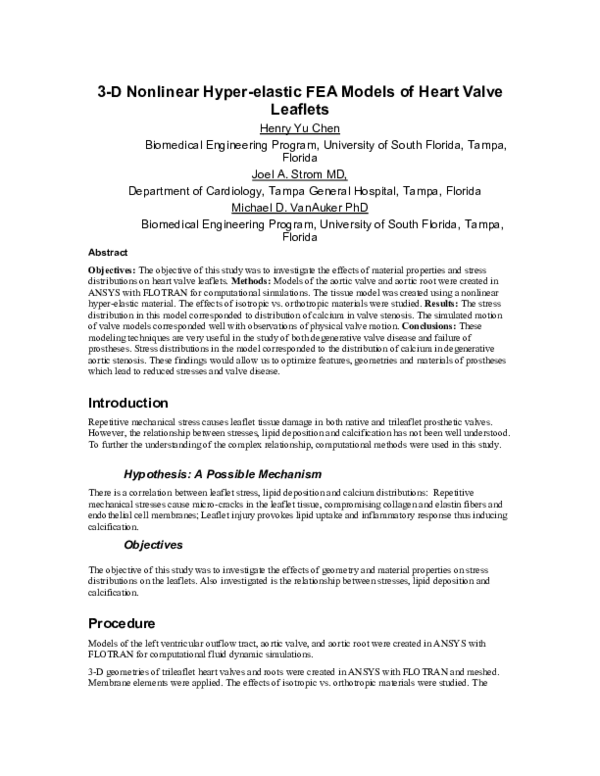 (PDF) 3-D Nonlinear Hyper-elastic FEA Models of Heart Valve Leaflets