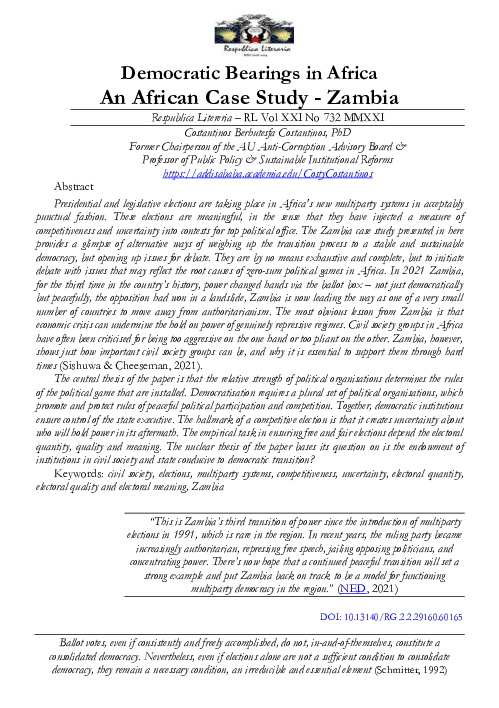(PDF) Democratic Bearings in Africa An African Case Study -Zambia