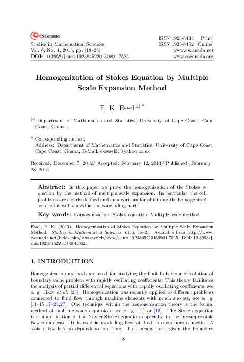 (PDF) Homogenization of Stokes Equation by Multiple Scale Expansion Method