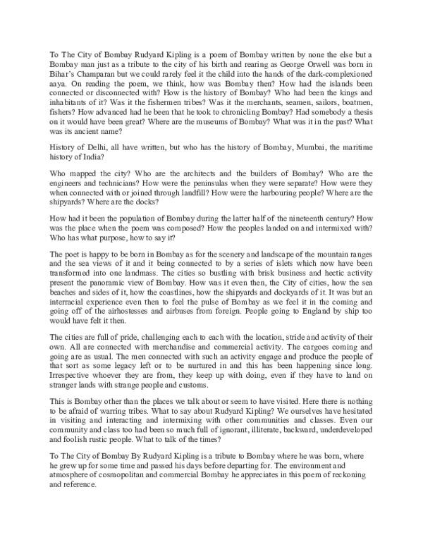 (DOC) To The City of Bombay Rudyard Kipling is a poem of Bombay written ...