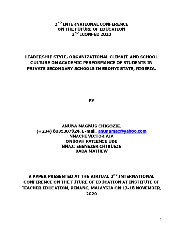 (PDF) 2 ND INTERNATIONAL CONFERENCE ON THE FUTURE OF EDUCATION 2 ND ICONFED 2020 LEADERSHIP ...