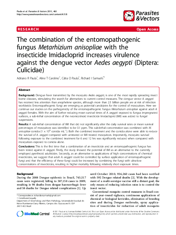 (PDF) The combination of the entomopathogenic fungus Metarhizium anisopliae with the insecticide ...