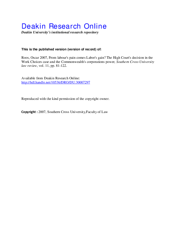 (PDF) From labour's pain comes Labor's gain? The High Court's decision ...