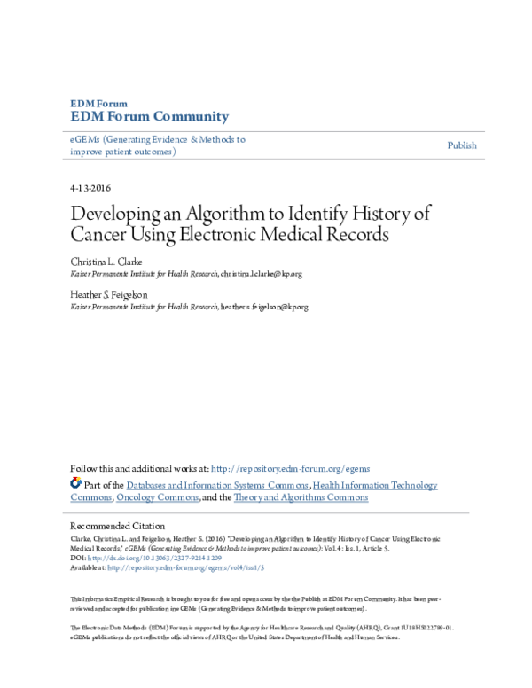 (PDF) Developing an Algorithm to Identify History of Cancer Using ...