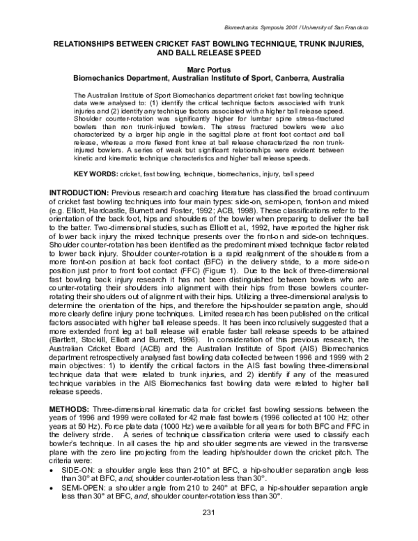 (PDF) Relationships Between Cricket Fast Bowling Technique, Trunk ...