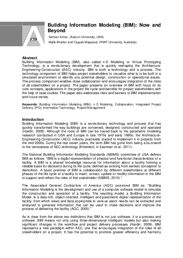 (PDF) Building information modelling (BIM): now and beyond