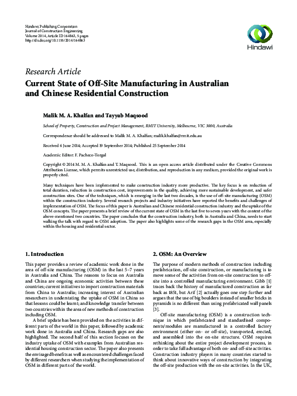 (PDF) Current State of Off-Site Manufacturing in Australian and Chinese ...