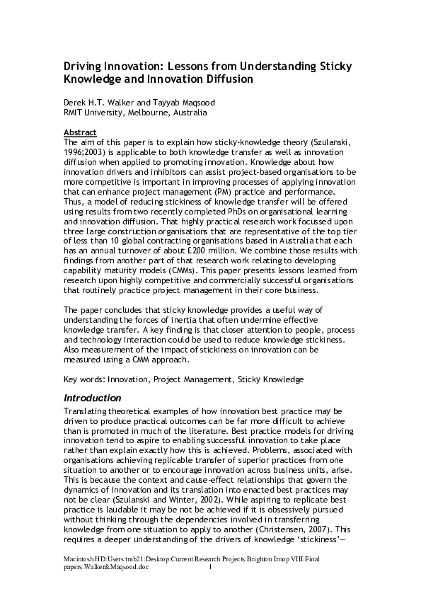 (PDF) Driving innovation: Lessons from understanding sticky knowledge ...