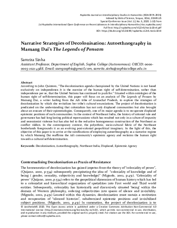 (PDF) Narrative Strategies of Decolonisation: Autoethnography in Mamang ...