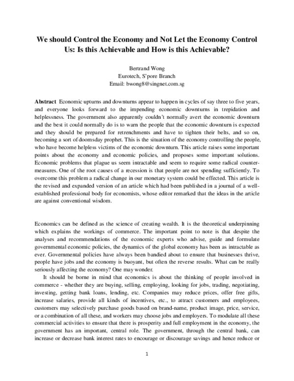 (PDF) We should Control the Economy and Not Let the Economy Control Us ...