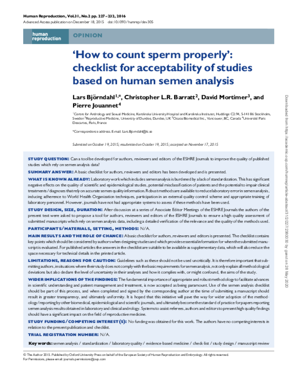 (PDF) How to count sperm properly': checklist for acceptability of ...